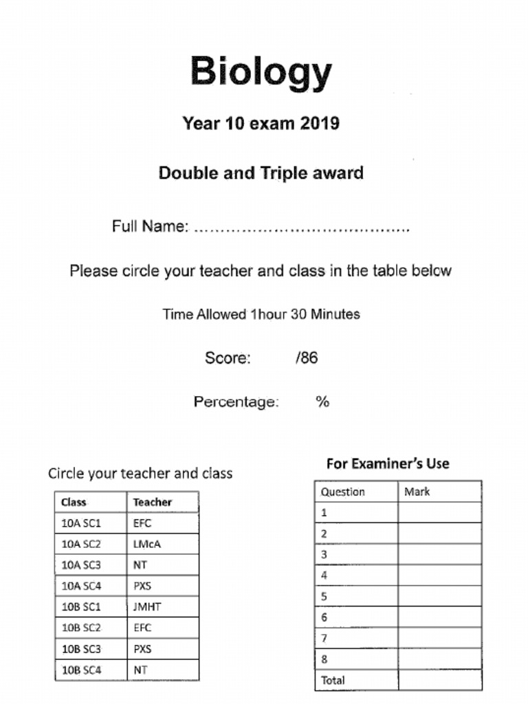 Year 10 Biology Exam 2019 | PDF