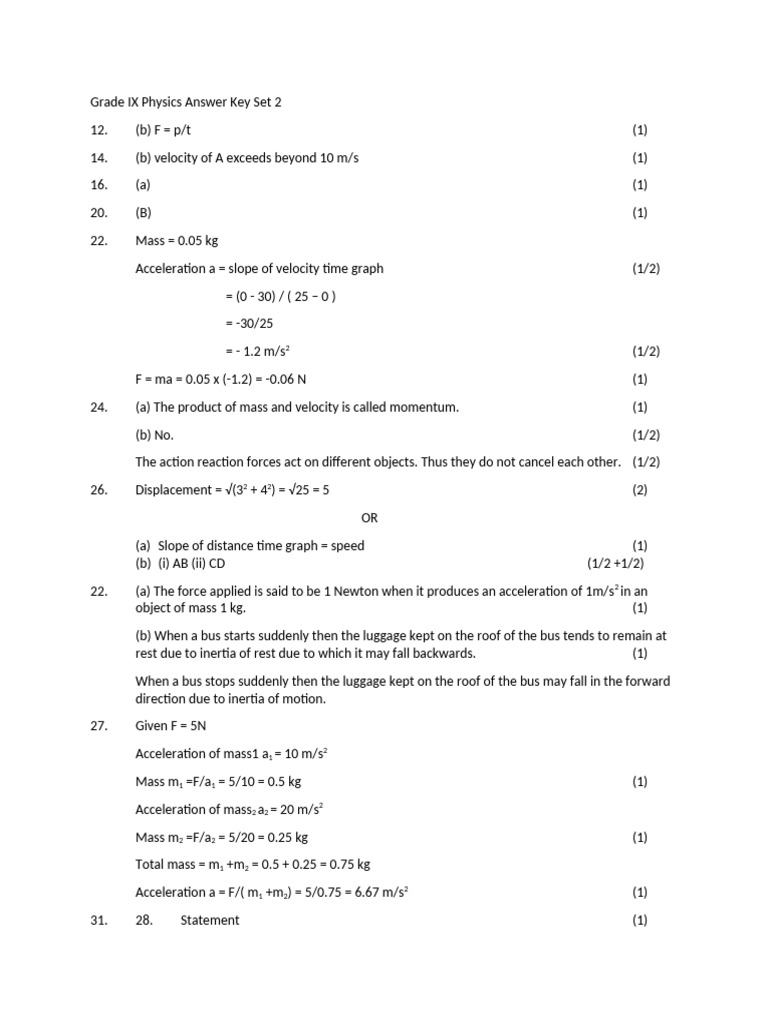 Grade IX Physics Answer Key Set 2 | PDF | Force | Velocity