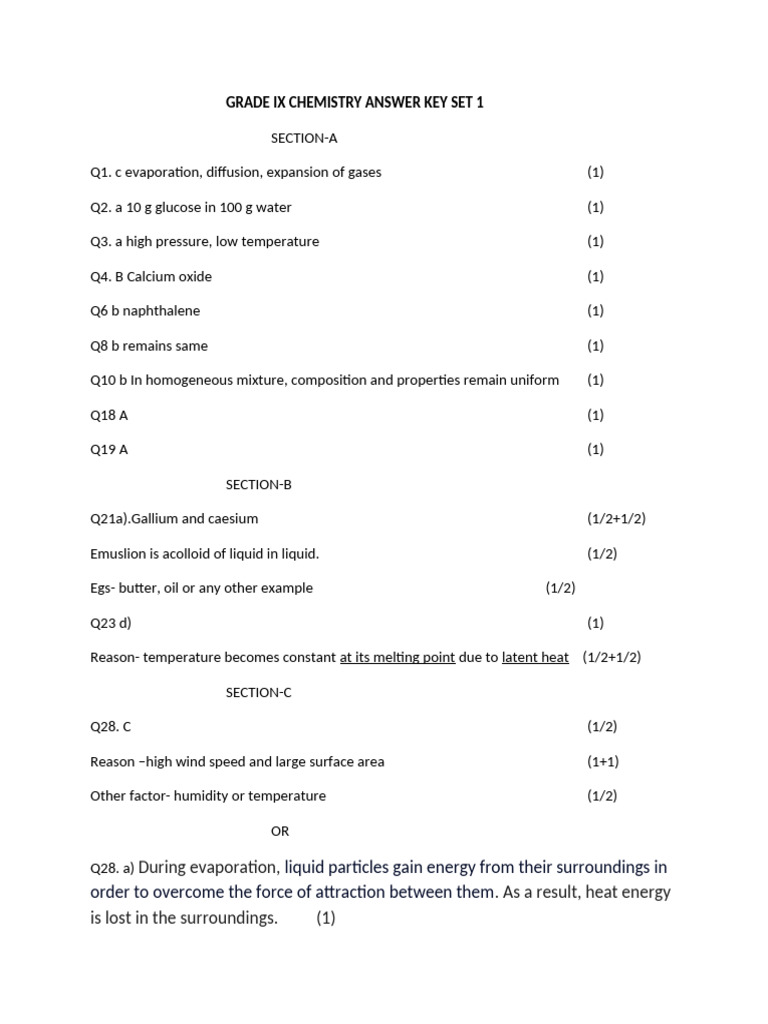 Chemistry Grade Ix Answer Key Set2 | PDF | Colloid | Nature