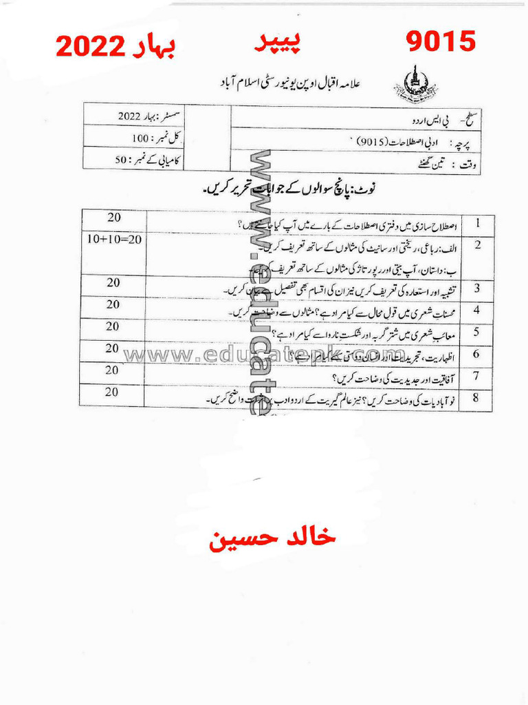 Bs Urdu 9015 Past Papers | PDF