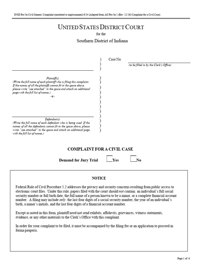 Pro Se Civil Complaint Template | PDF | Lawsuit | Diversity Jurisdiction