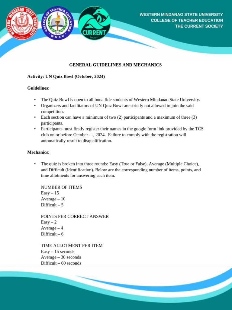 UN Quiz Bowl Guidelines 2024 | PDF