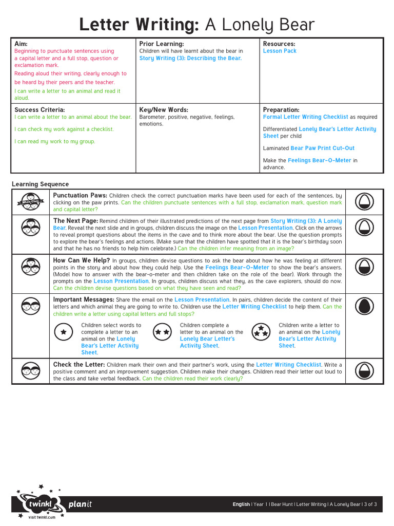 3.1 Lesson Plan - A Lonely Bear | PDF | Punctuation | Cognitive Science
