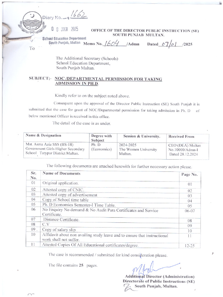 2662 NOC Departmental Permission For Taking Admission PHD | PDF
