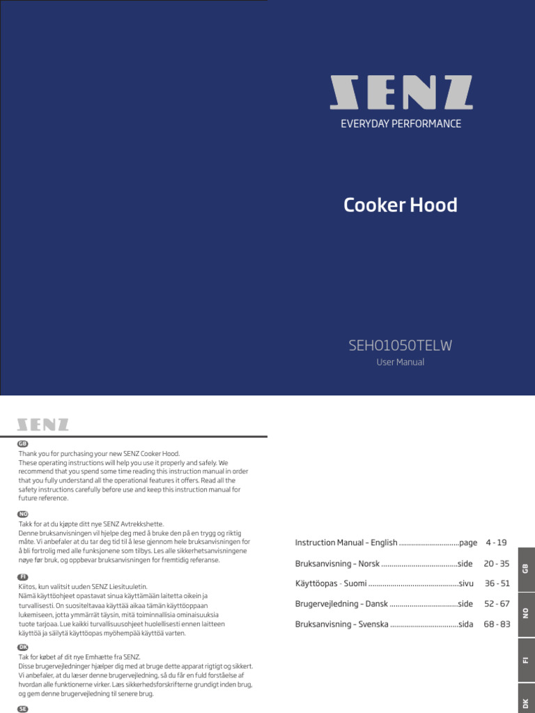 Senz SEHO1050TELW Cooker Hood | PDF | Kitchen Stove | Switch