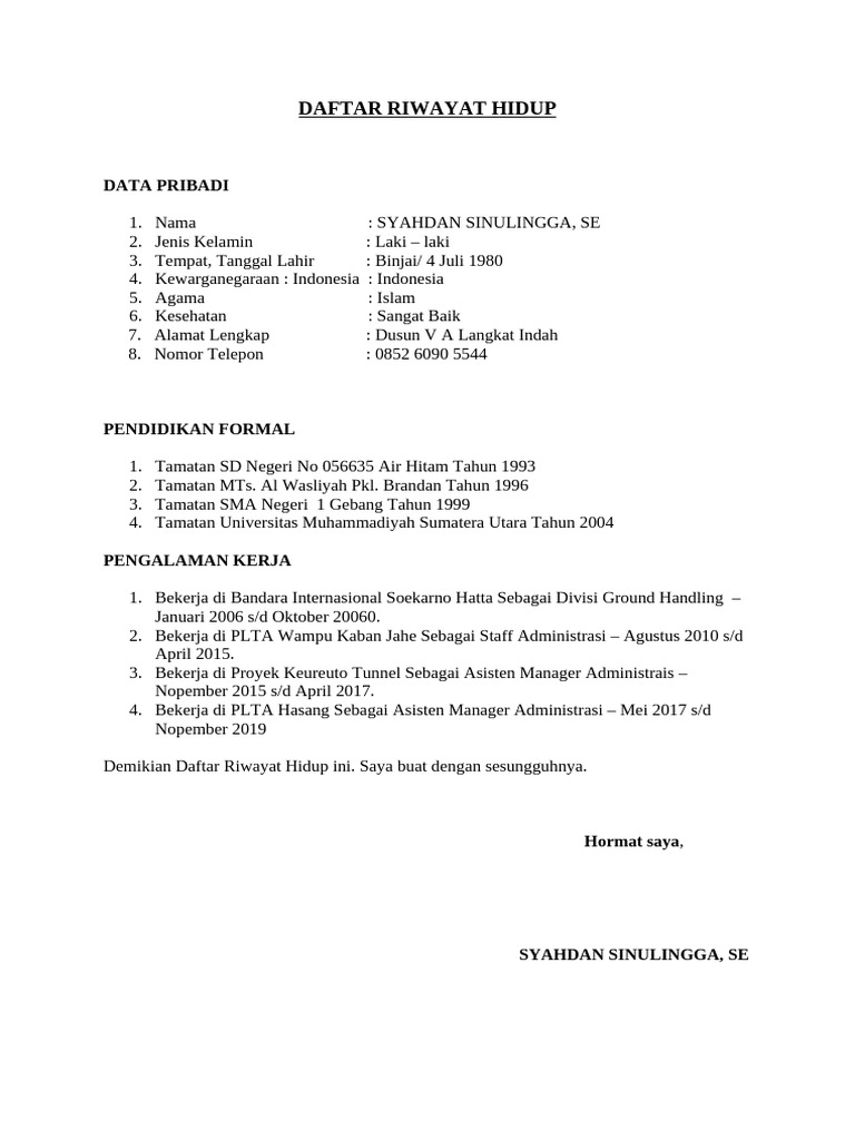 Riwayat Hidup Syahdan Sinulingga, SE | PDF
