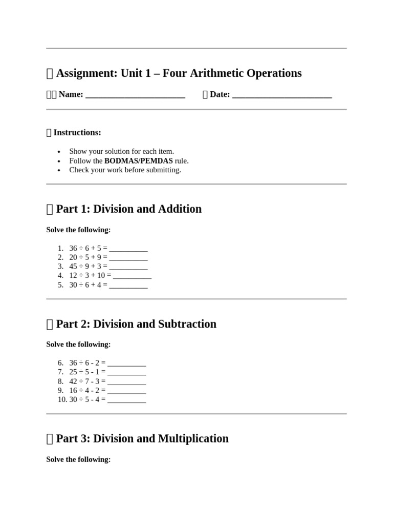 Assignment (Unit 1 Four Arithmetic Operations) | PDF