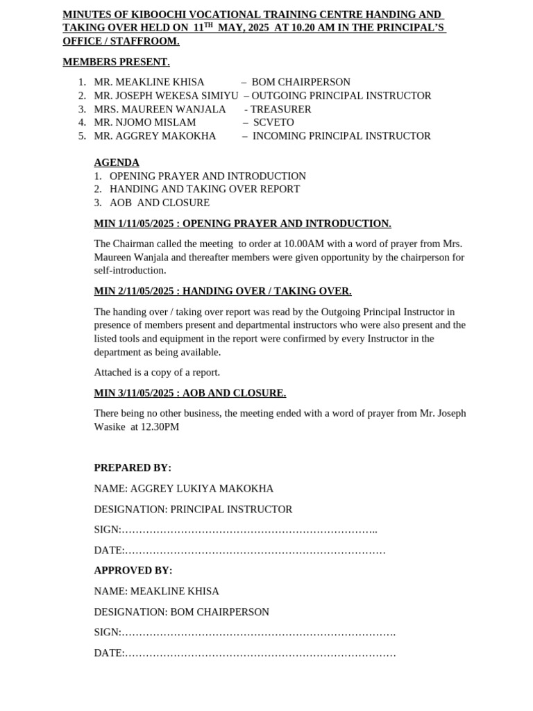 Kiboochi VTC Handing Over Minutes | PDF