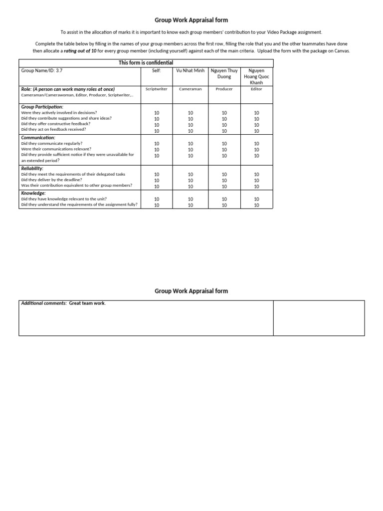 Group Work Appraisal Form Template | PDF