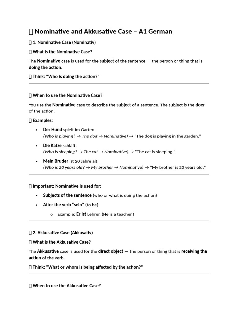 Nominative and Akkusative Cases Explained | PDF | Grammatical Gender ...