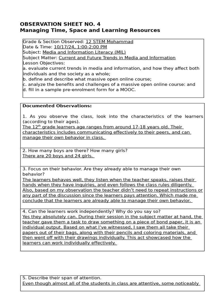 Observation Sheet No 4 | PDF | Learning | Teachers