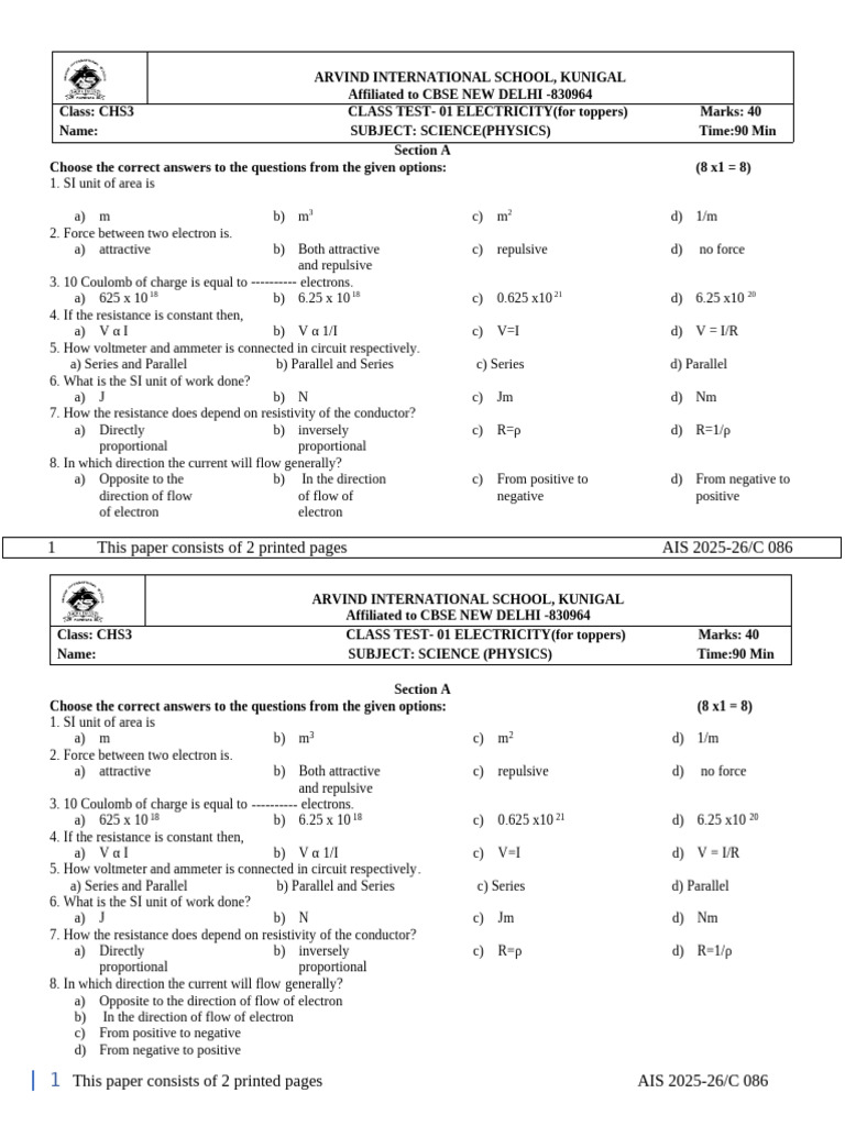 CHS3 - CT 01 PHYSICS (Toppers) | PDF | Electrical Resistivity And ...