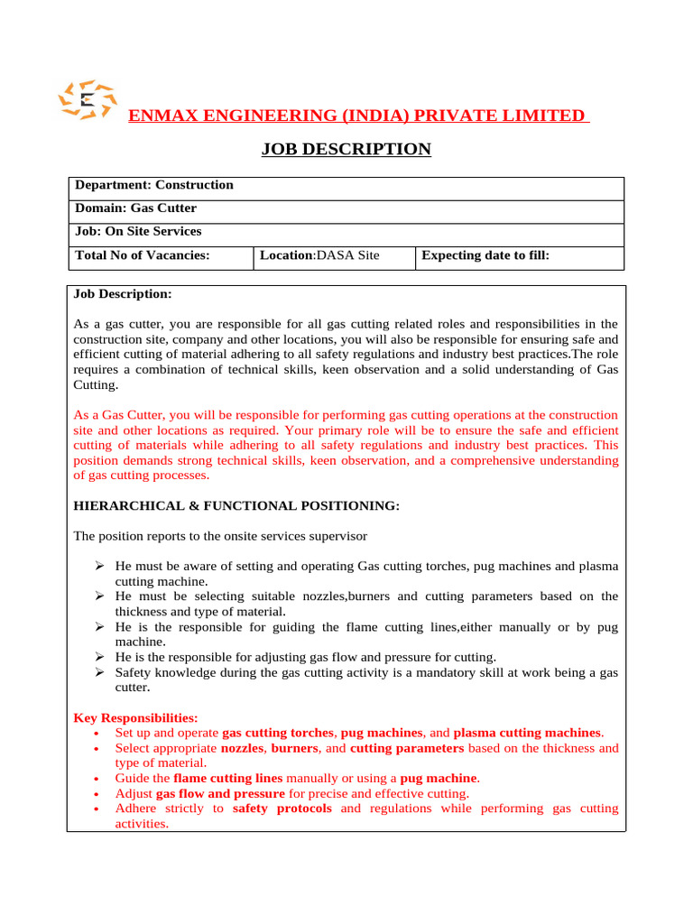 Job Description - Gas Cutter SB Example Edit | PDF | Gases