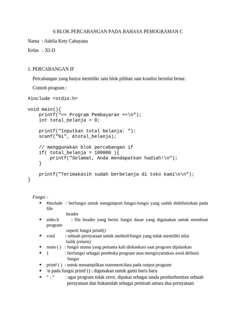 6 Blok Percabangan Pada Bahasa Pemograman C | PDF