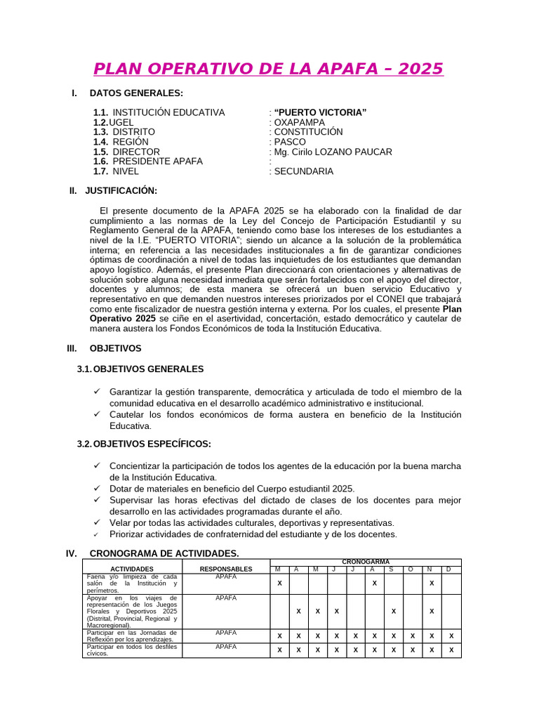 PLAN OPERATIVO DE LA APAFA - 2025docx | PDF