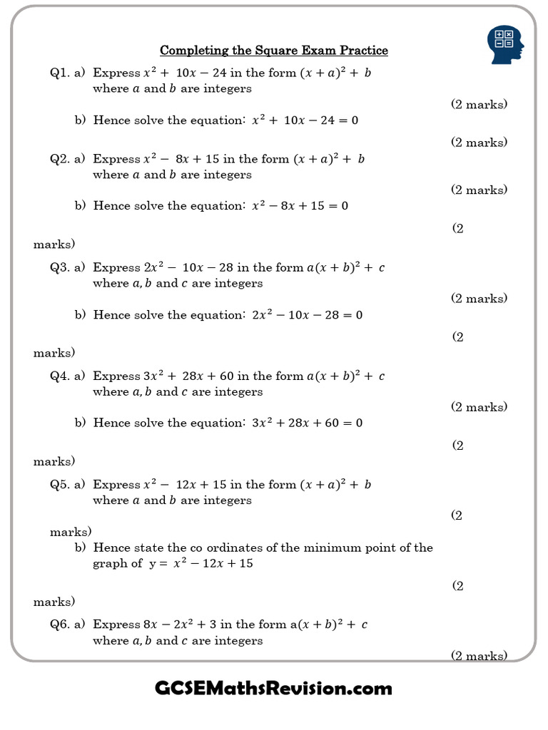 Completing The Square Ws | PDF | Mathematics | Mathematical Concepts
