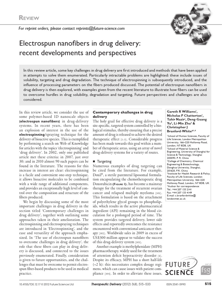 Electrospun Nanofibers in Drug Delivery | PDF | Solubility | Pharmaceutical Formulation
