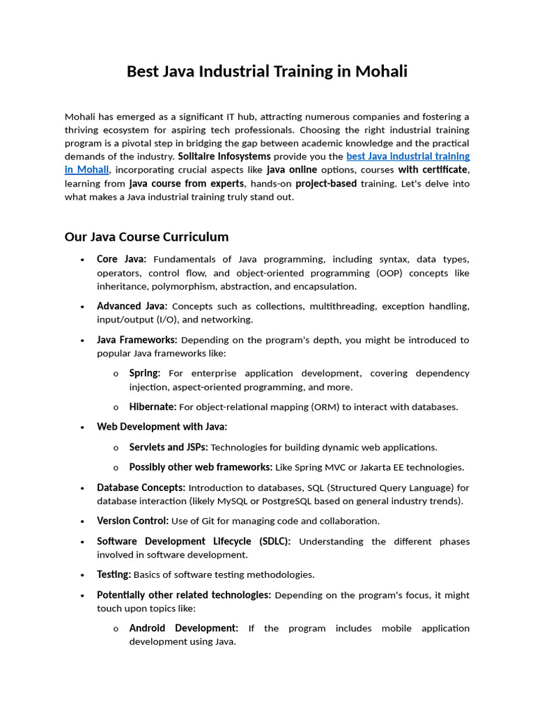 Best Java Industrial Training in Mohali | PDF | Java (Programming Language) | Integrated ...