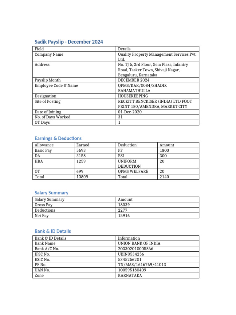 Sadik Payslip Dec2024 Tables | PDF