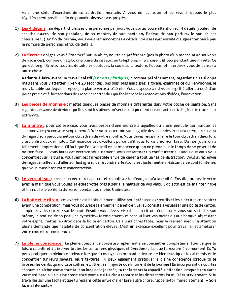 Exercices de Concentration Mentale | PDF | Pleine conscience