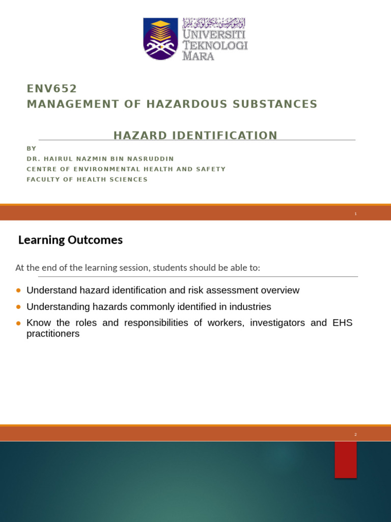 2.0 ENV652 Management of Hazardous Substances Hazard Identification | PDF | Risk | Hazards