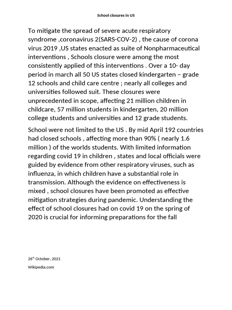 Impact of US School Closures on COVID-19 | PDF