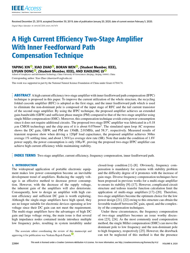 A High Current Efficiency Two-Stage Amplifier With Inner Feedforward ...