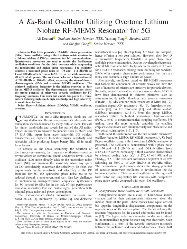 A Ku-Band Oscillator Utilizing Overtone Lithium Niobate RF-MEMS Resonator For 5G | PDF ...