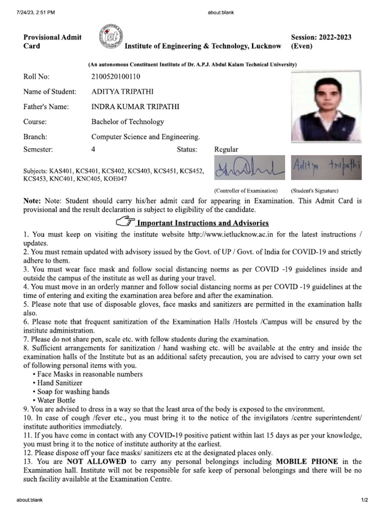 4TH Sem Admit Card | PDF
