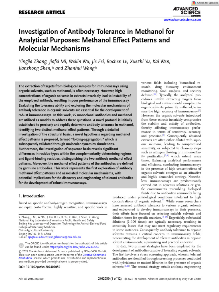 Advanced Science - 2024 - Zhang - Investigation of Antibody Tolerance ...