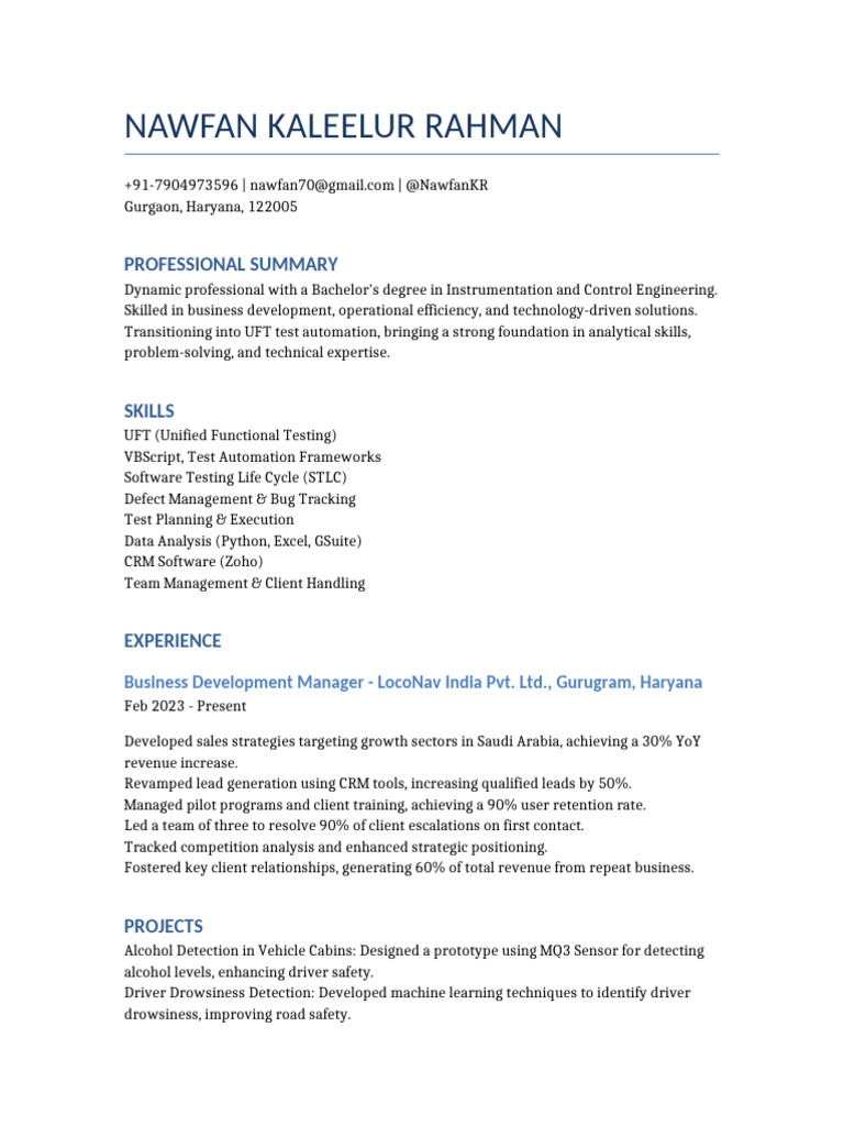 Nawfan Kaleelur Rahman UFT Test Automation Resume | PDF