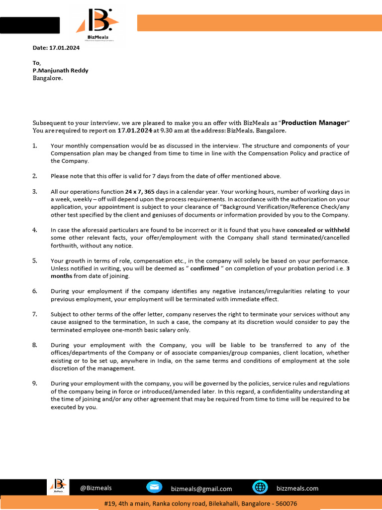 Bizmeals Offer Letter To Manjunath | PDF | Employment | Identity Document