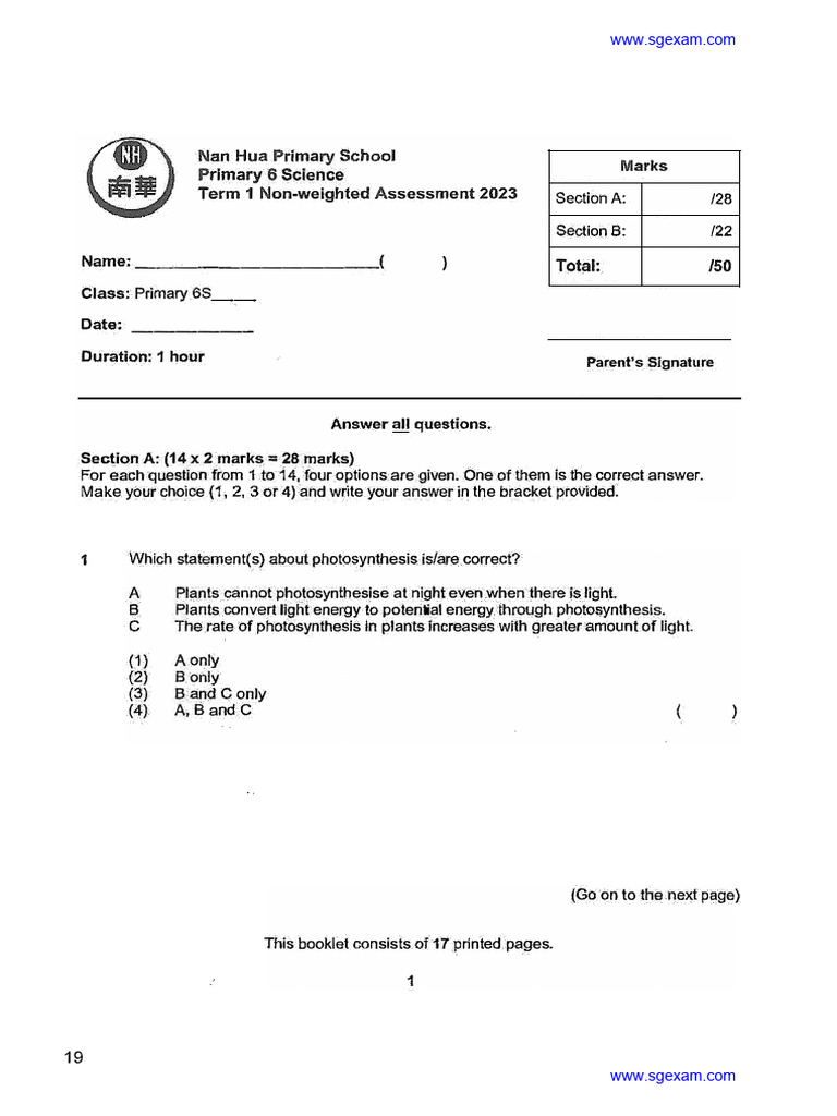 2023-P6-Science-Weighted Assessment 1-Nan Hua | PDF