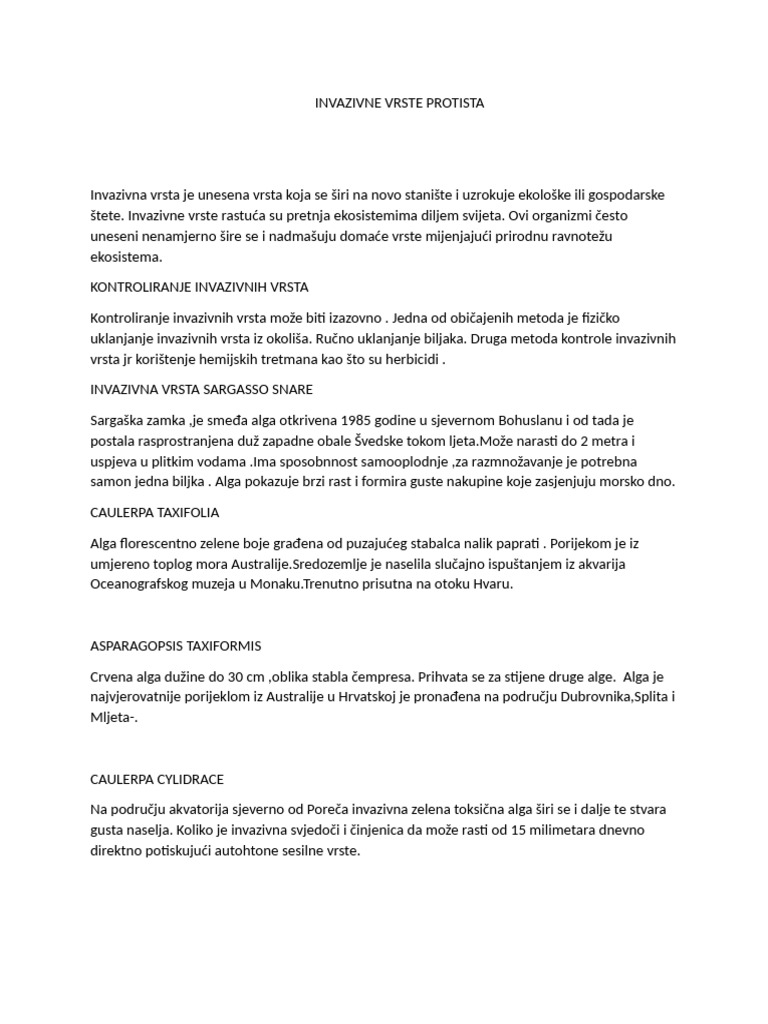 Invazivne Vrste Protista Jasmina Čelebić | PDF