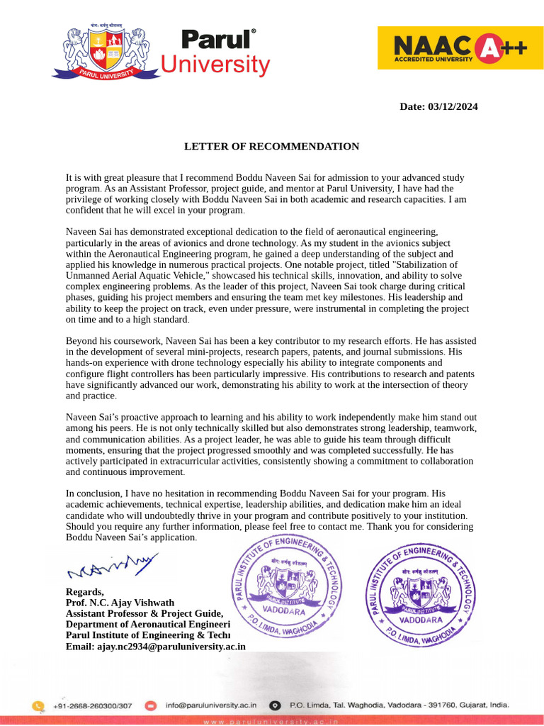 LOR For Naveen Sai by Ajay Sir Parul University, India | PDF | Engineering | Leadership