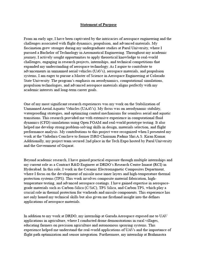 Statement of Purpose For Colorado State University | PDF | Unmanned Aerial Vehicle | Aerospace ...