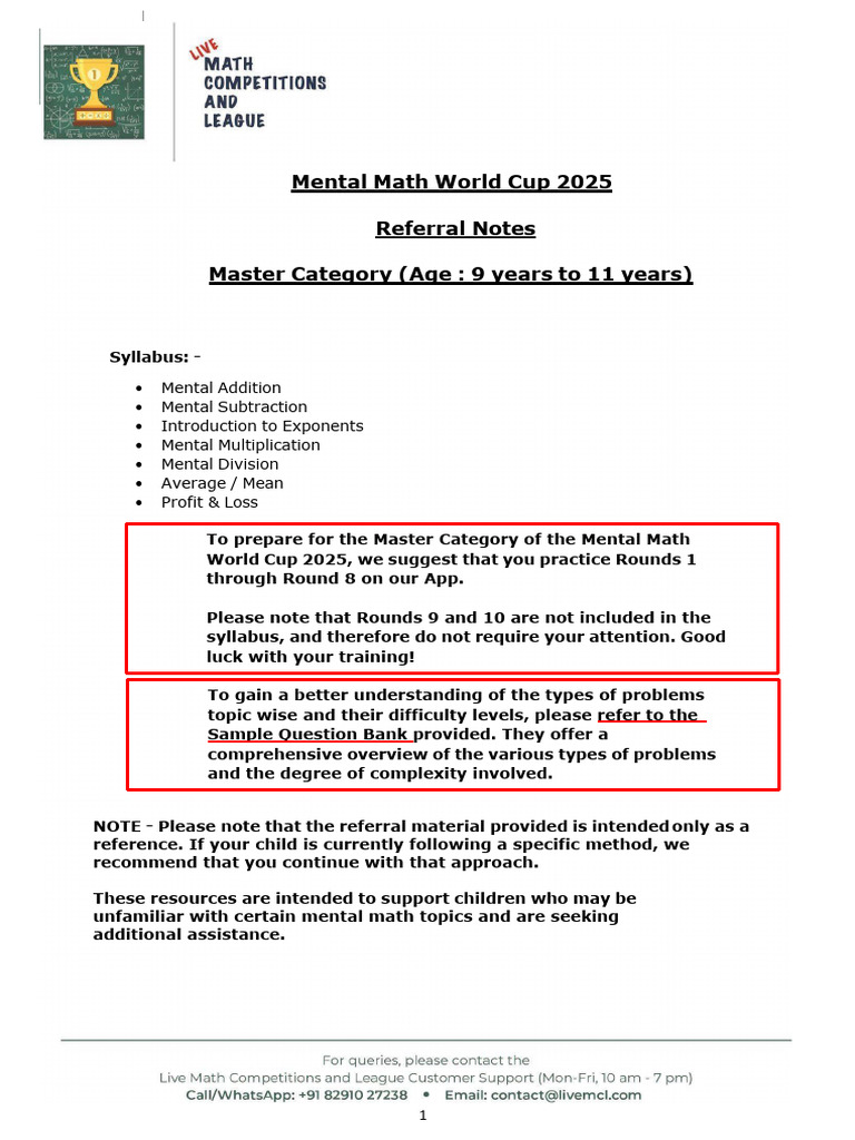 0-Master Referral Notes for Mental Math World Cup 2025 | PDF ...