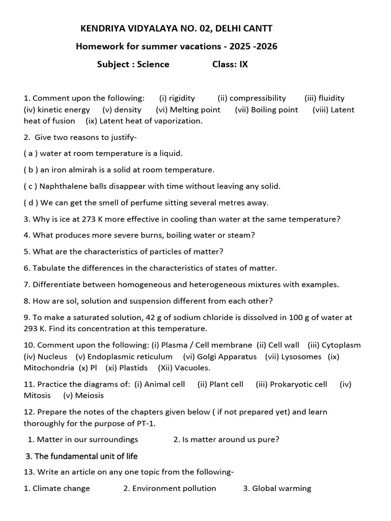 Class-9, Science, Home Work For Summer Vacations - 2025-26 | PDF