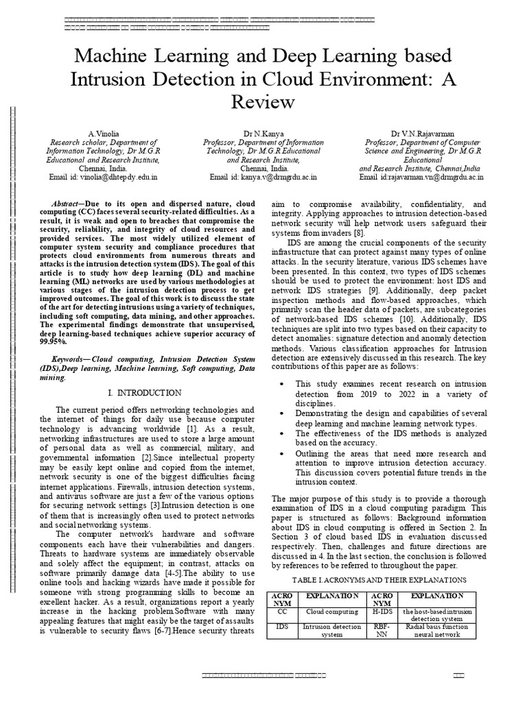 Machine Learning and Deep Learning Based Intrusion Detection in Cloud Environment A Review | PDF ...