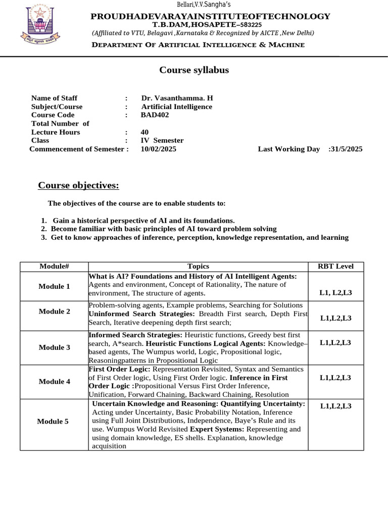 Course file-AIML-AI Sub-2025 | PDF | Artificial Intelligence | Intelligence (AI) & Semantics