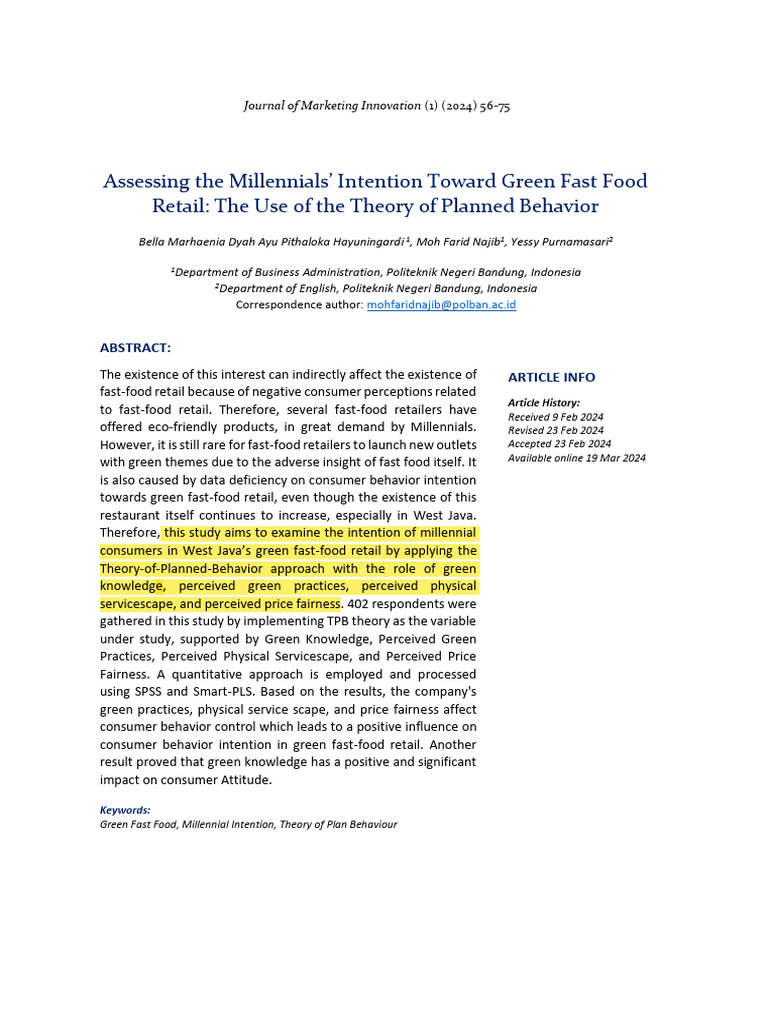 Assessing He Millennial Inenion To Ad Geen Fast Food Retail: The Use of ...