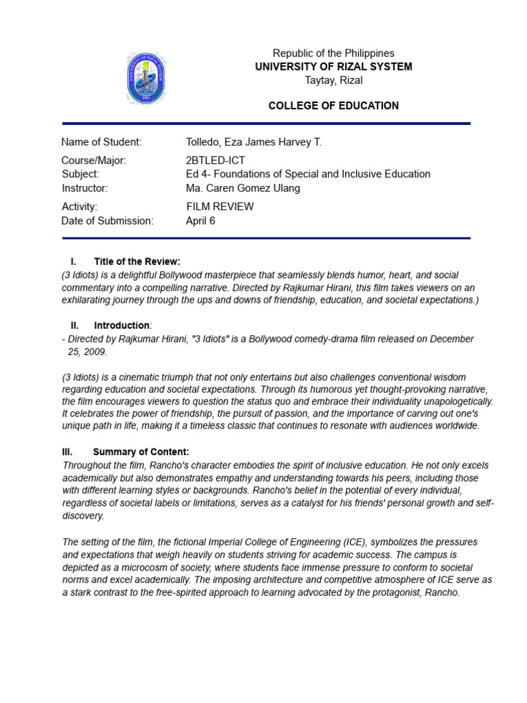 TOLLEDO, SET A-ED4-AR-Movie-Review | PDF | Inclusion (Education) | Creativity