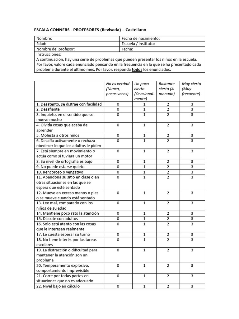 Escala de Conners para Profesores | PDF