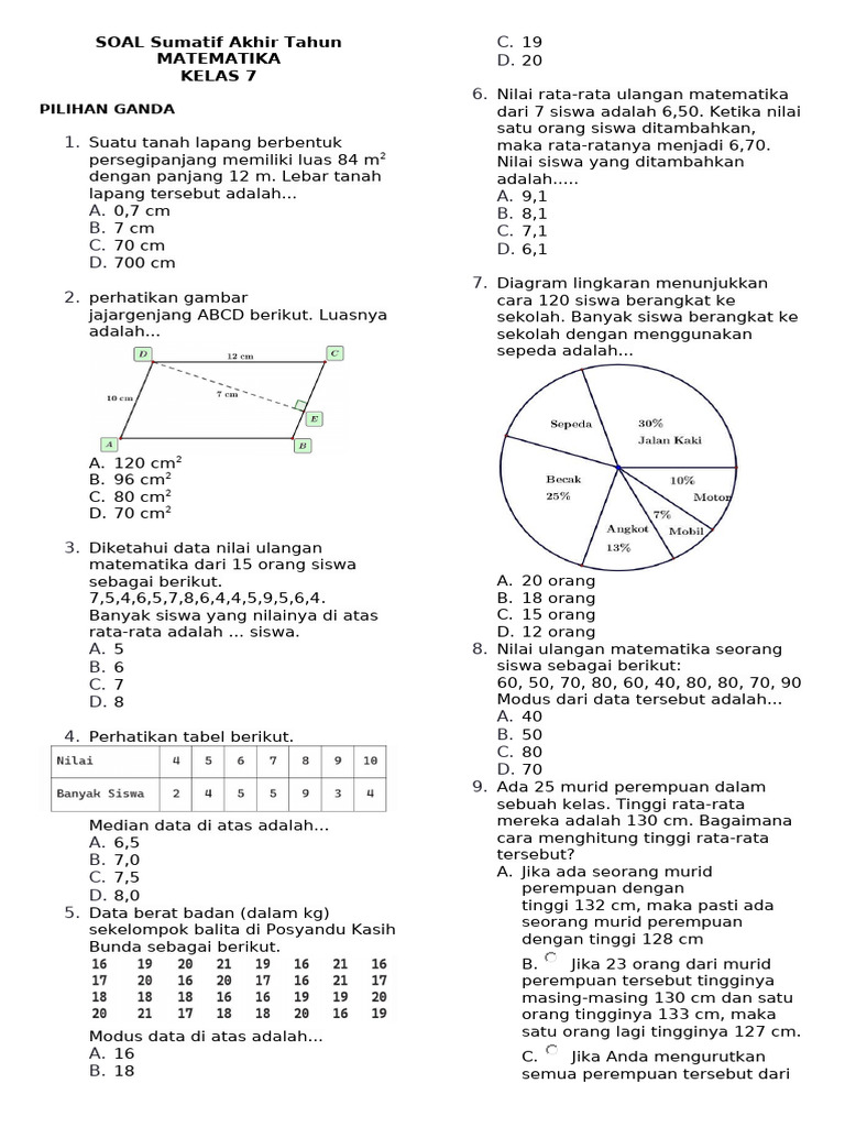 SOAL MTK KELAS 7 new.docx v | PDF