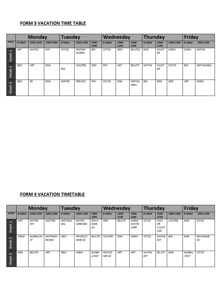 Form 3 and 4 Vacation Time Tables REVISED | PDF