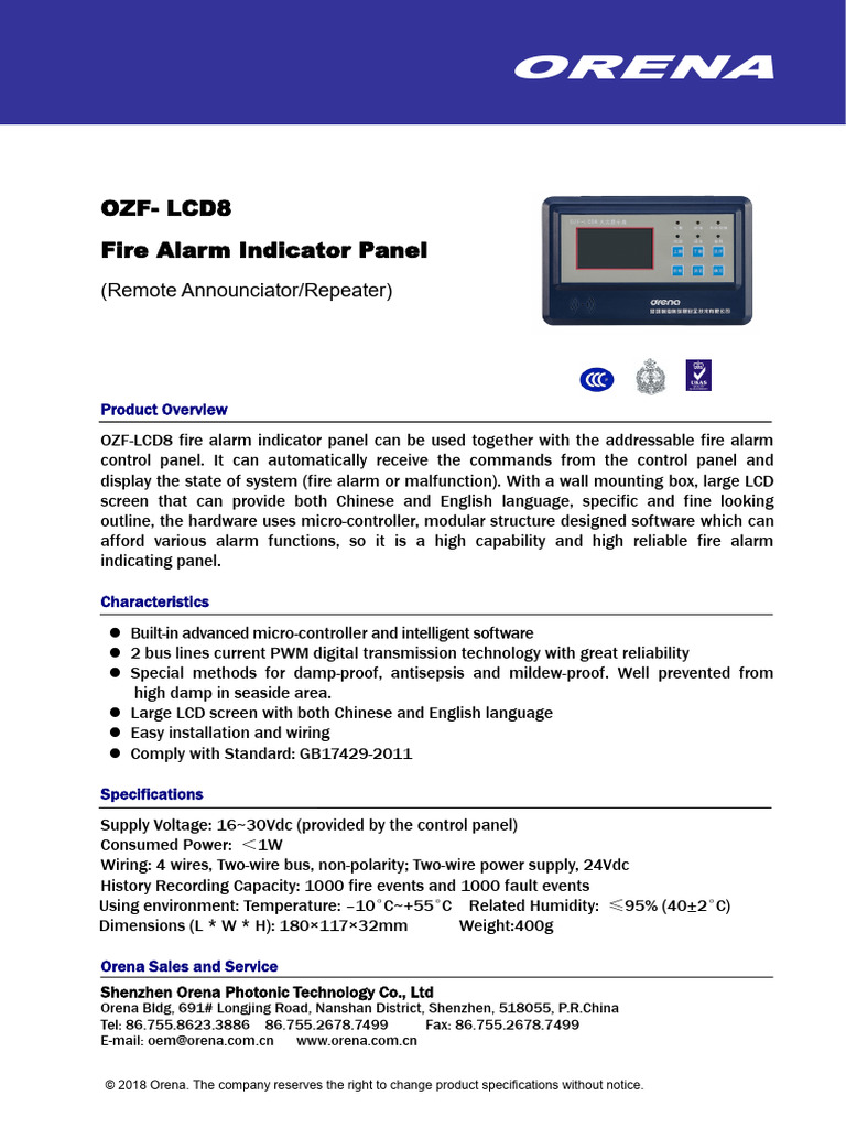 Datasheet of Addressable Fire Alarm Repeater Panel OZF-LCD8 | PDF
