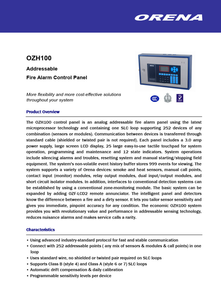 Datasheet of Addressable Single Loop Fire Alarm Control Panel OZH100 ...