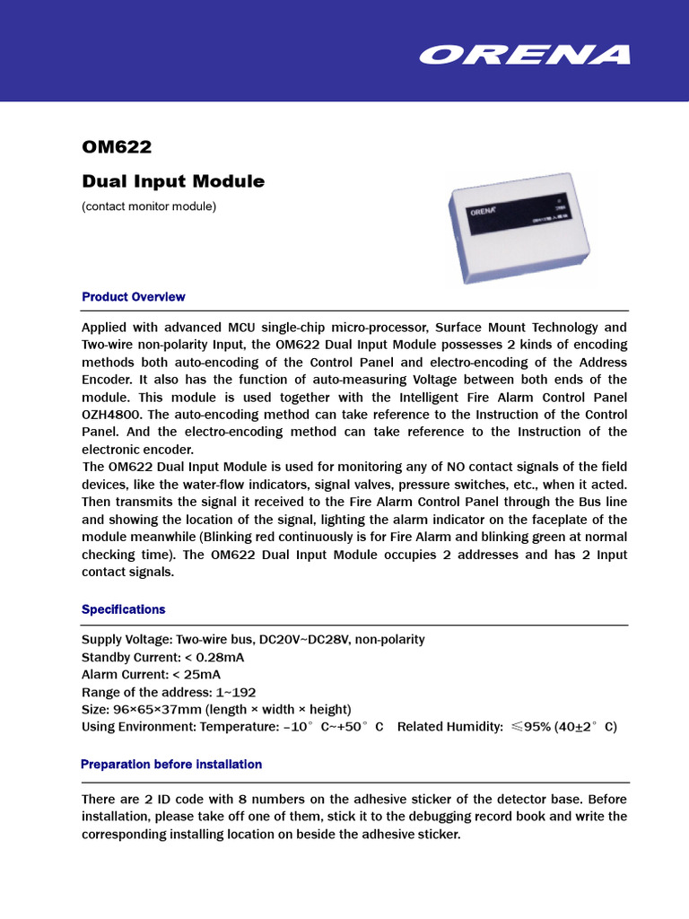 Datasheet of Addressable Dual Input Module OM622 | PDF | Information And Communications ...