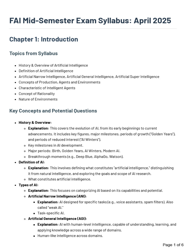 FAI Mid-Semester Exam Syllabus: April 2025: Chapter 1: Introduction | PDF | Artificial ...