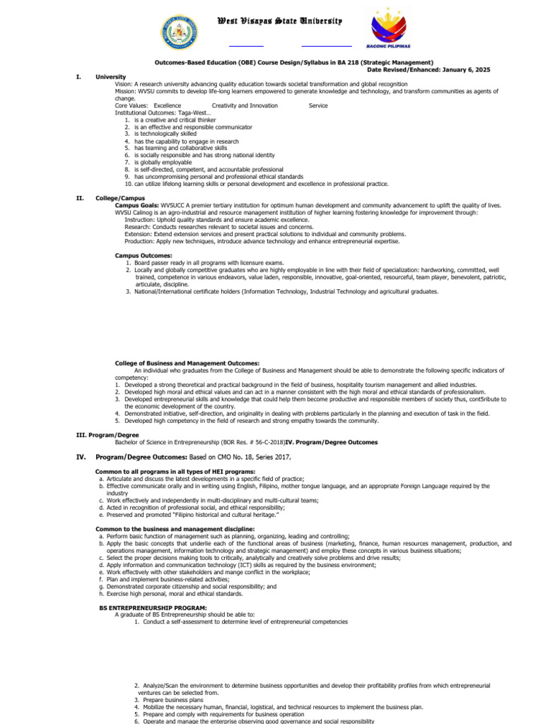 OBE BA 218 2025 Strategic Management OBL ALO Entrep | PDF | Strategic ...